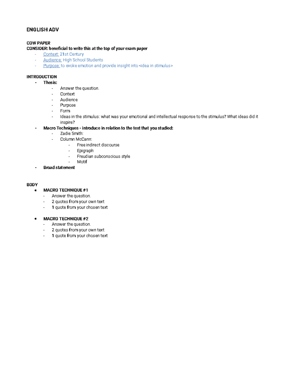 ENGLISH ADV HSC STRUCTURE SUMMARY: Techniques & Analysis Guide - Studocu