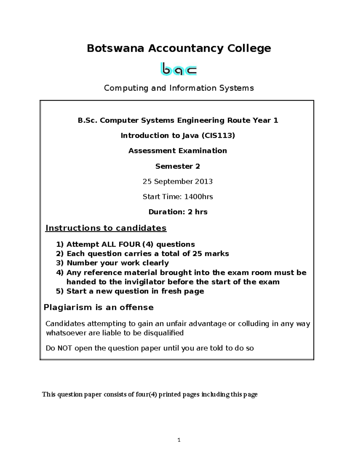 Java Assessment Exam (CIS113) - September 2013 - Studocu
