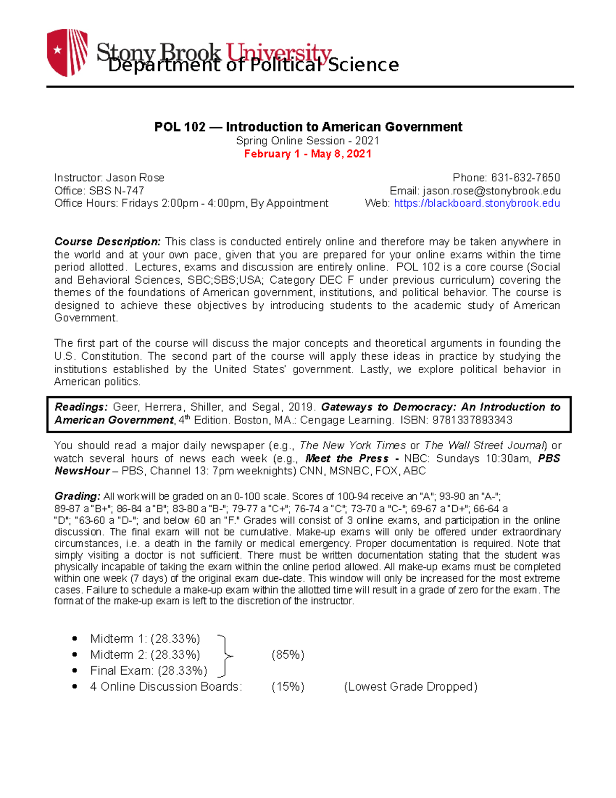 POL102 Syllabus for Online Introduction to American Government 2021 ...