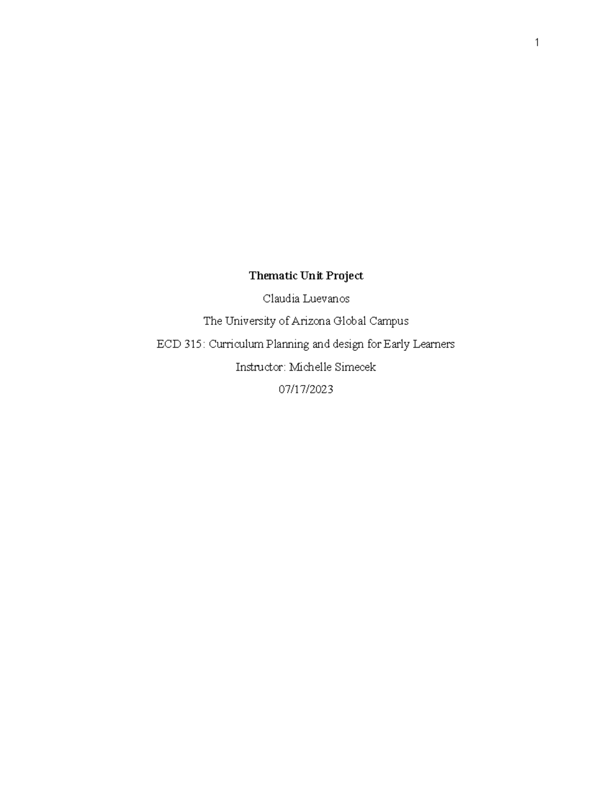 ECD315 Week 2 Thematic Unit Project: Under the Sea Lesson Plans - Studocu