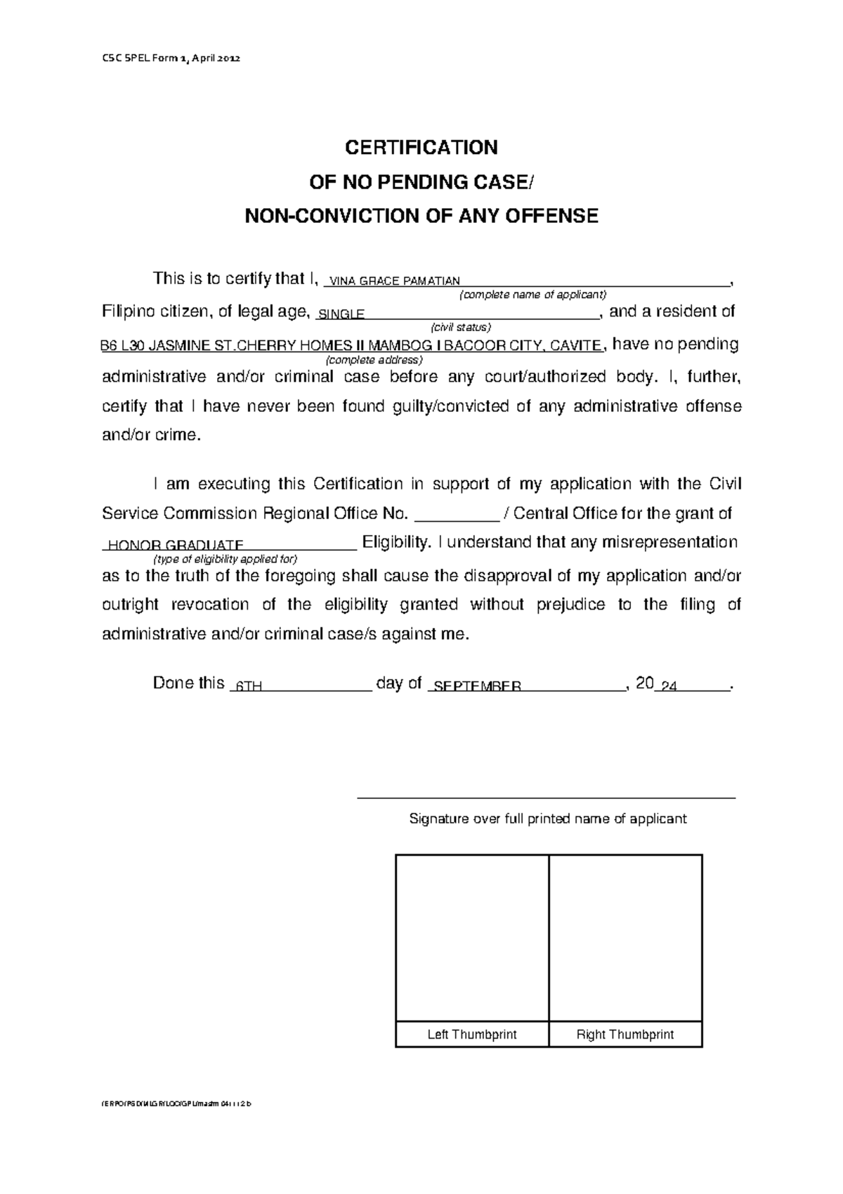 SPEL Form 1 Certification of No Pending Case - CSC Eligibility Application - Studocu