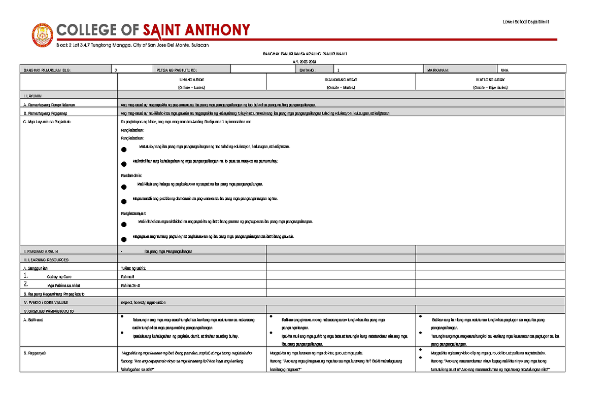 1st GP Week 3 - Lesson PLAN (AP 1) AY 2023-2024 - Lower School Department BANGHAY PANURUAN SA ...