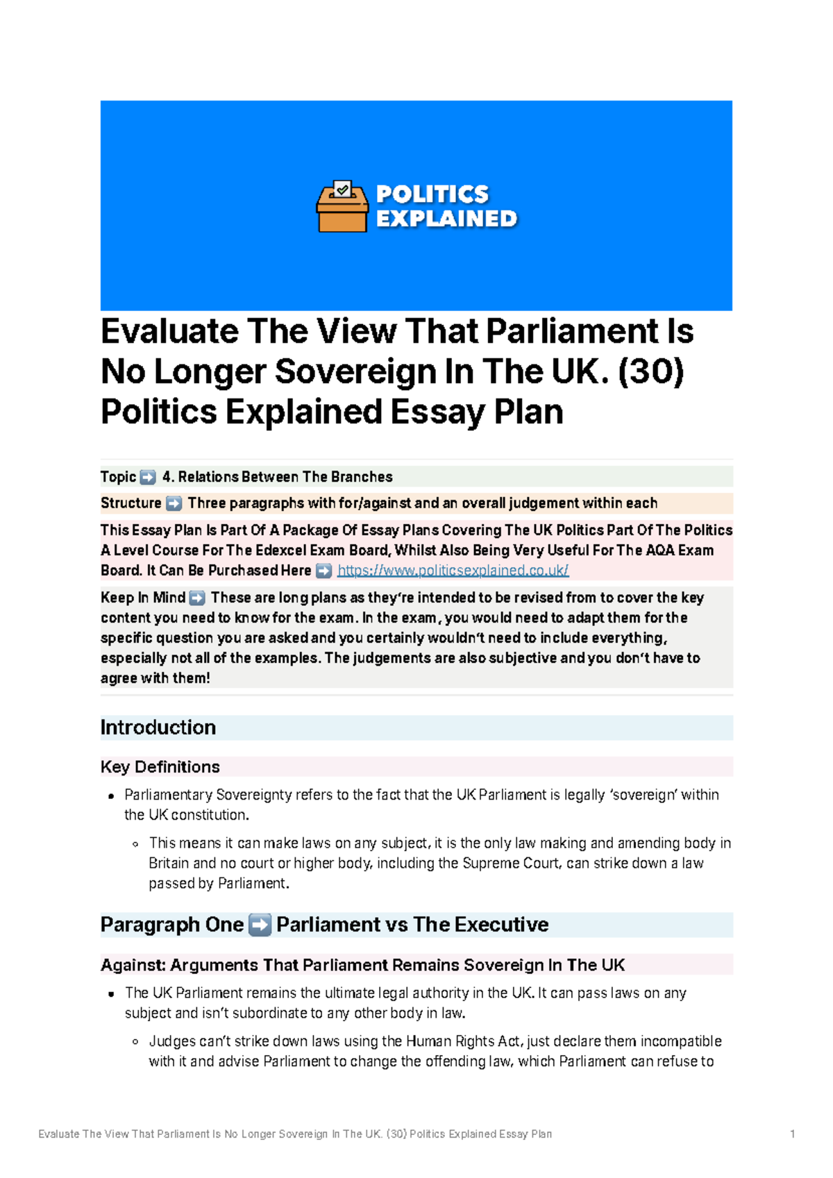 Edexcel A Level Politics: Essay Plan on Parliamentary Sovereignty Evaluation - Studocu