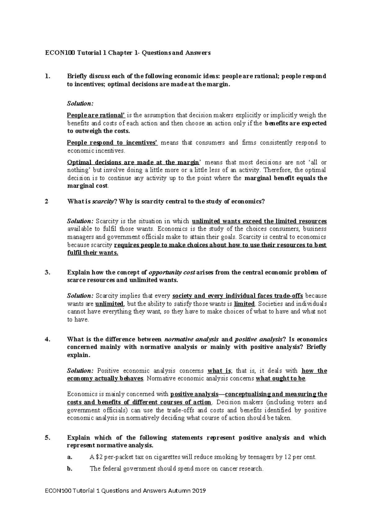 ECON100 Tutorial 1 Solutions - ECON100 Tutorial 1 Chapter 1- Questions ...