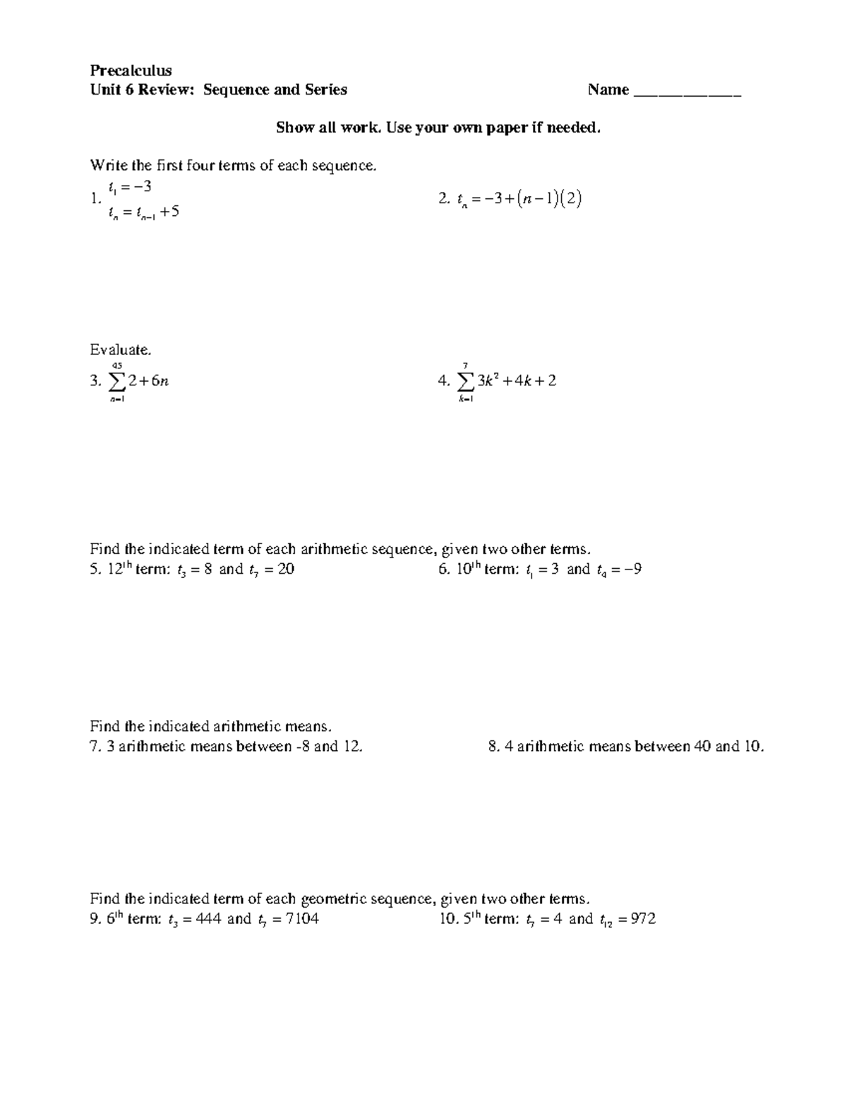 Precalculus Unit 6 Review: Sequences & Series Problems - Studocu