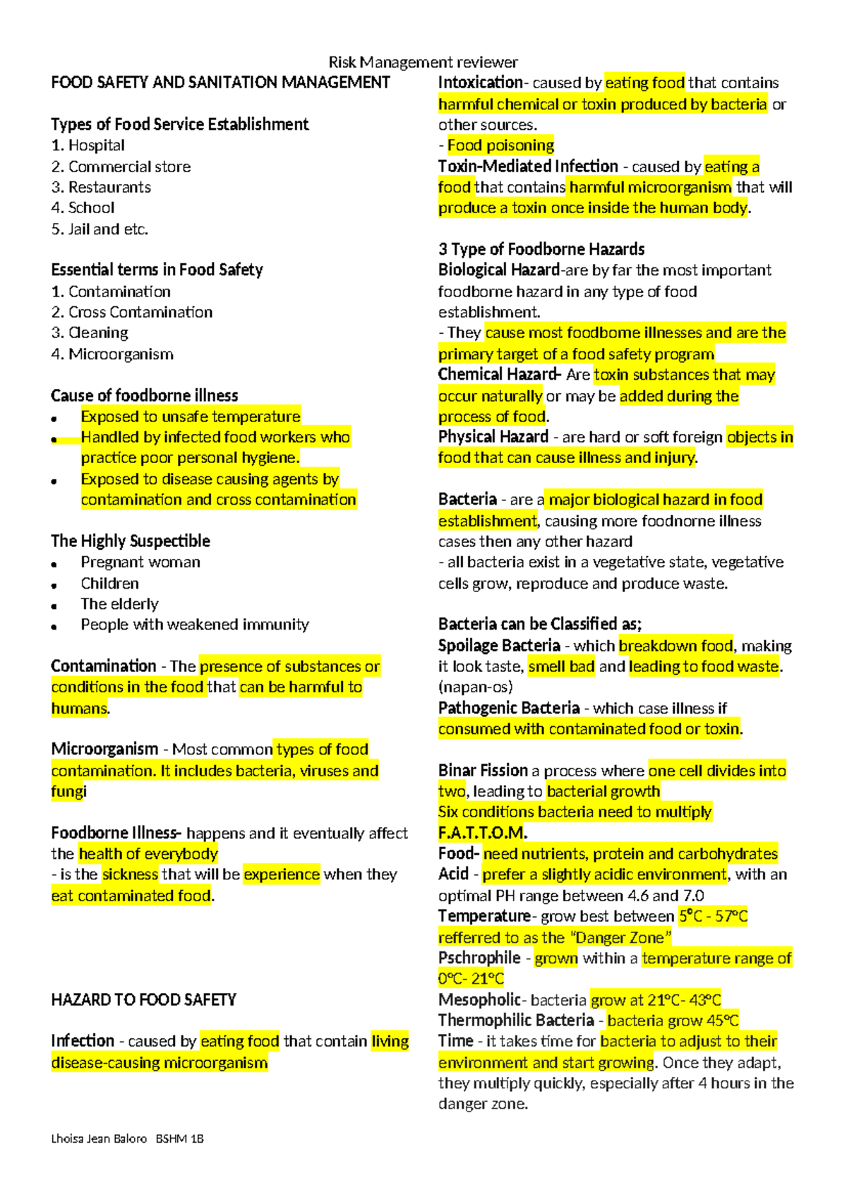 Risk Management Reviewer 1: Food Safety & Sanitation Overview - Studocu