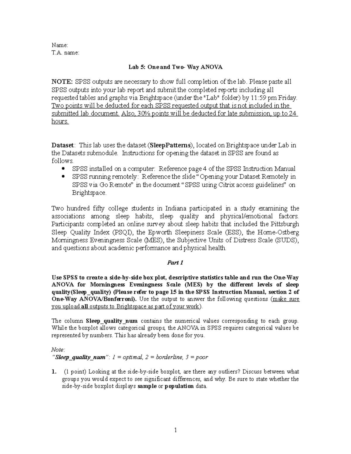Lab 5 - One and Two-Way ANOVA Analysis & SPSS Outputs Submission - Studocu