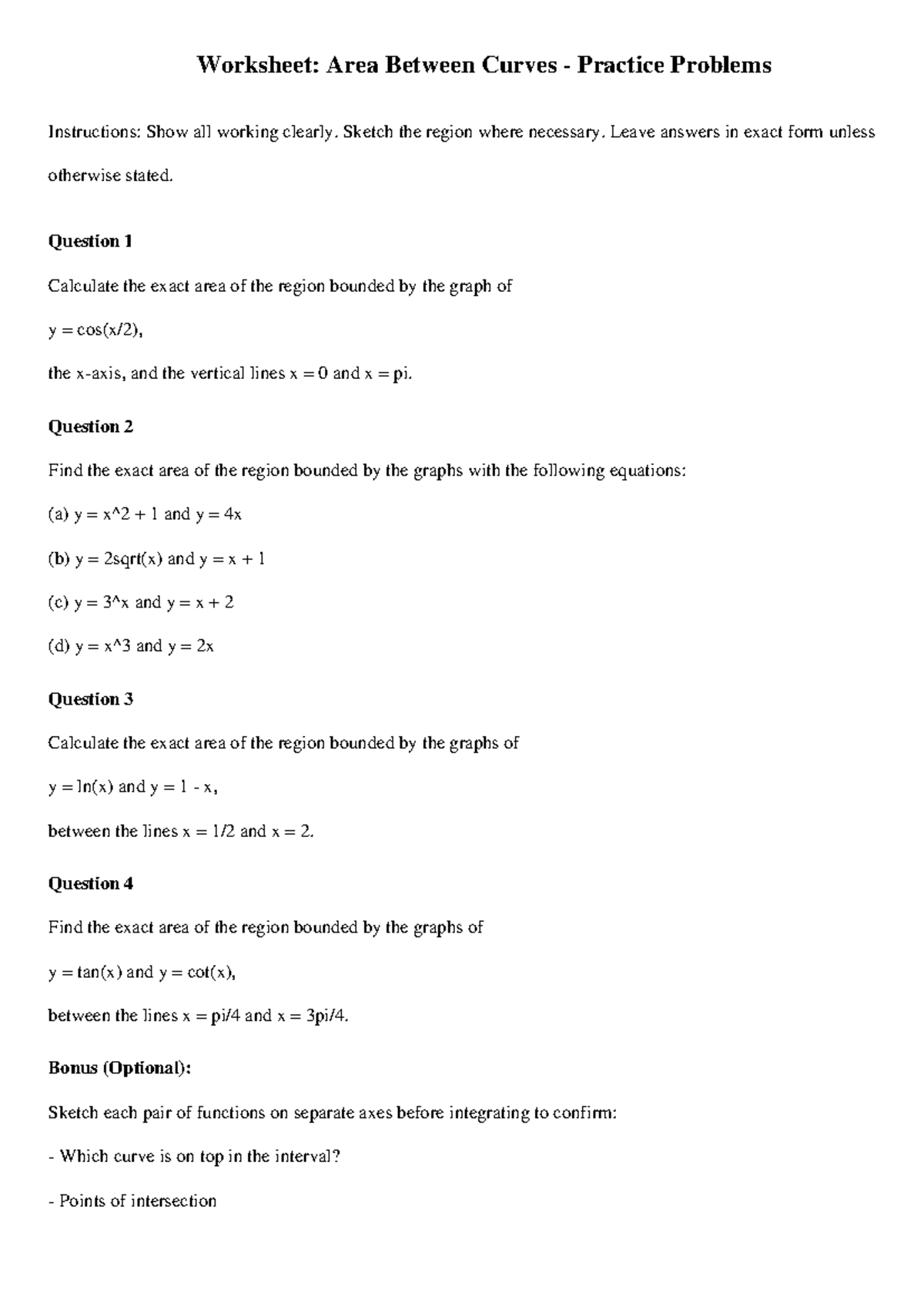 Area Between Curves Worksheet: Practice Problems & Solutions - Studocu
