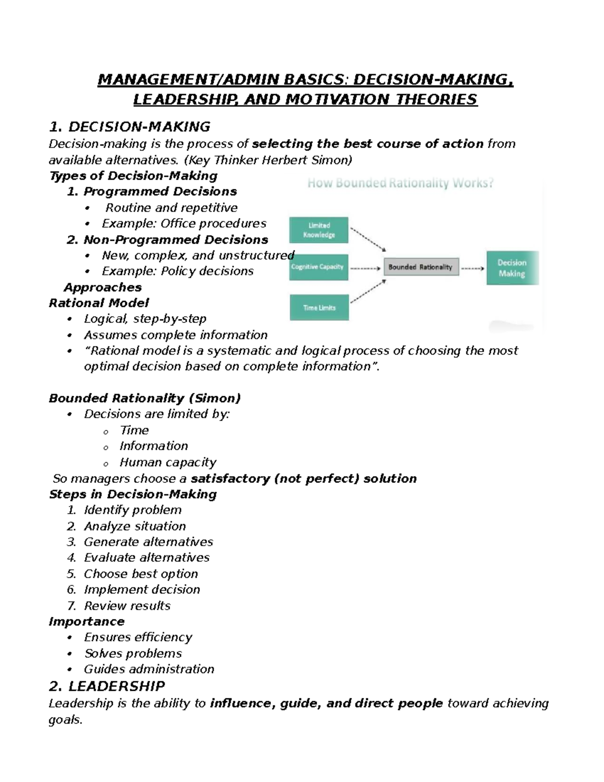 BASICS: Leadership & Motivation Theories - Management Notes - Studocu