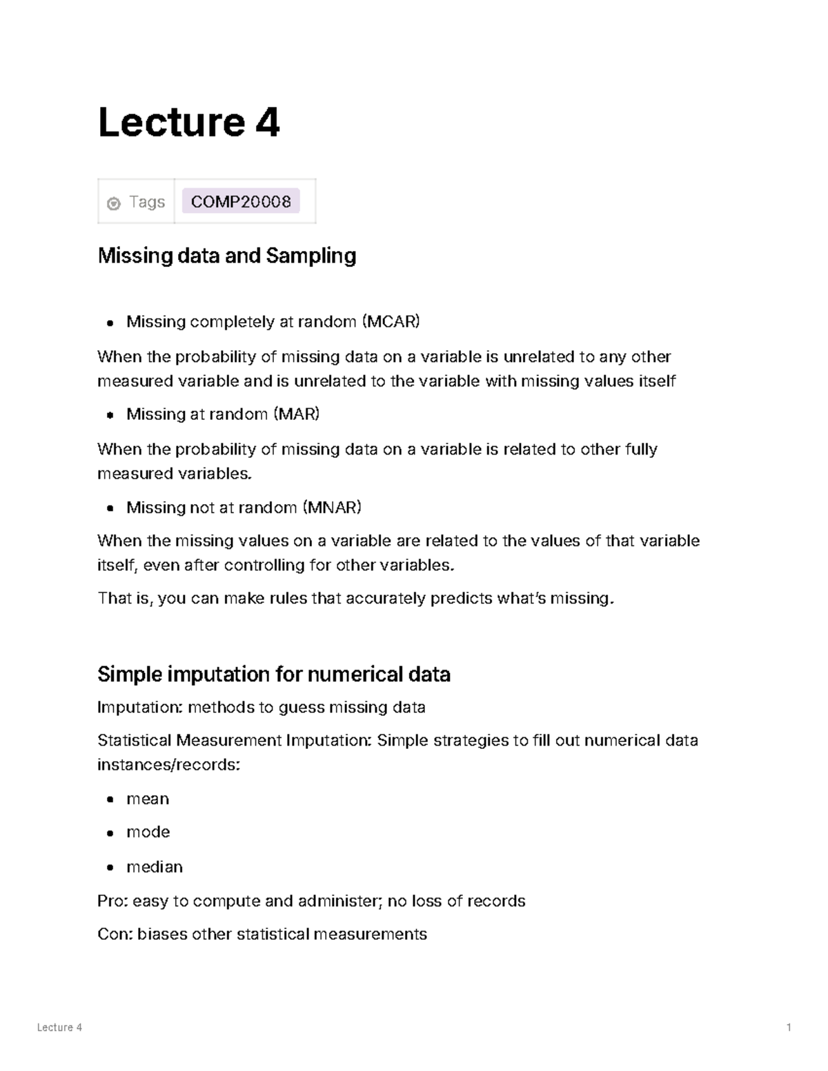 Lecture 4 notes - Lecture 4 Tags COMP Missing data and Sampling Missing ...