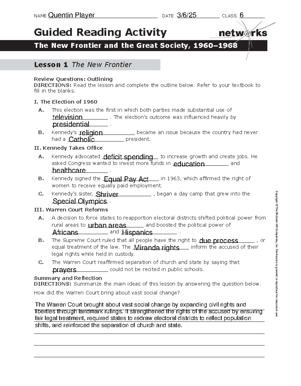 Guided Reading Activity: The New Frontier & Great Society (HIST 1960-68 ...