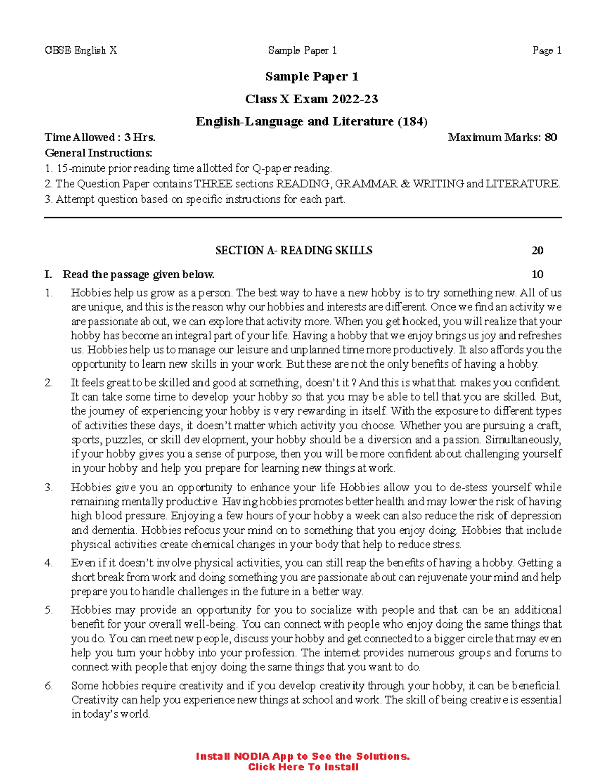 CBSE English X Sample Paper 1: Unsolved Questions and Answers - Studocu