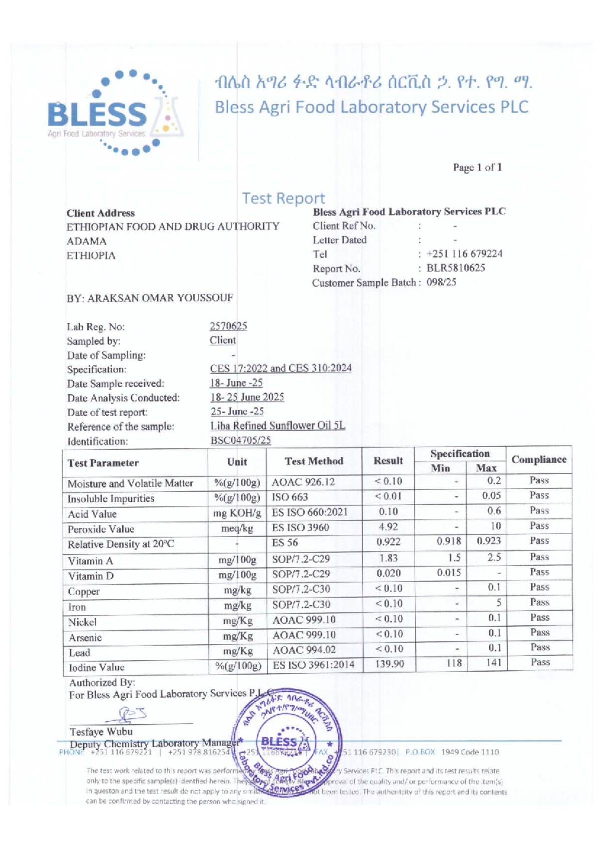ЛЛЯ 4.0 Test Report for Liba Refined Sunflower Oil - BLR5810625 - Studocu