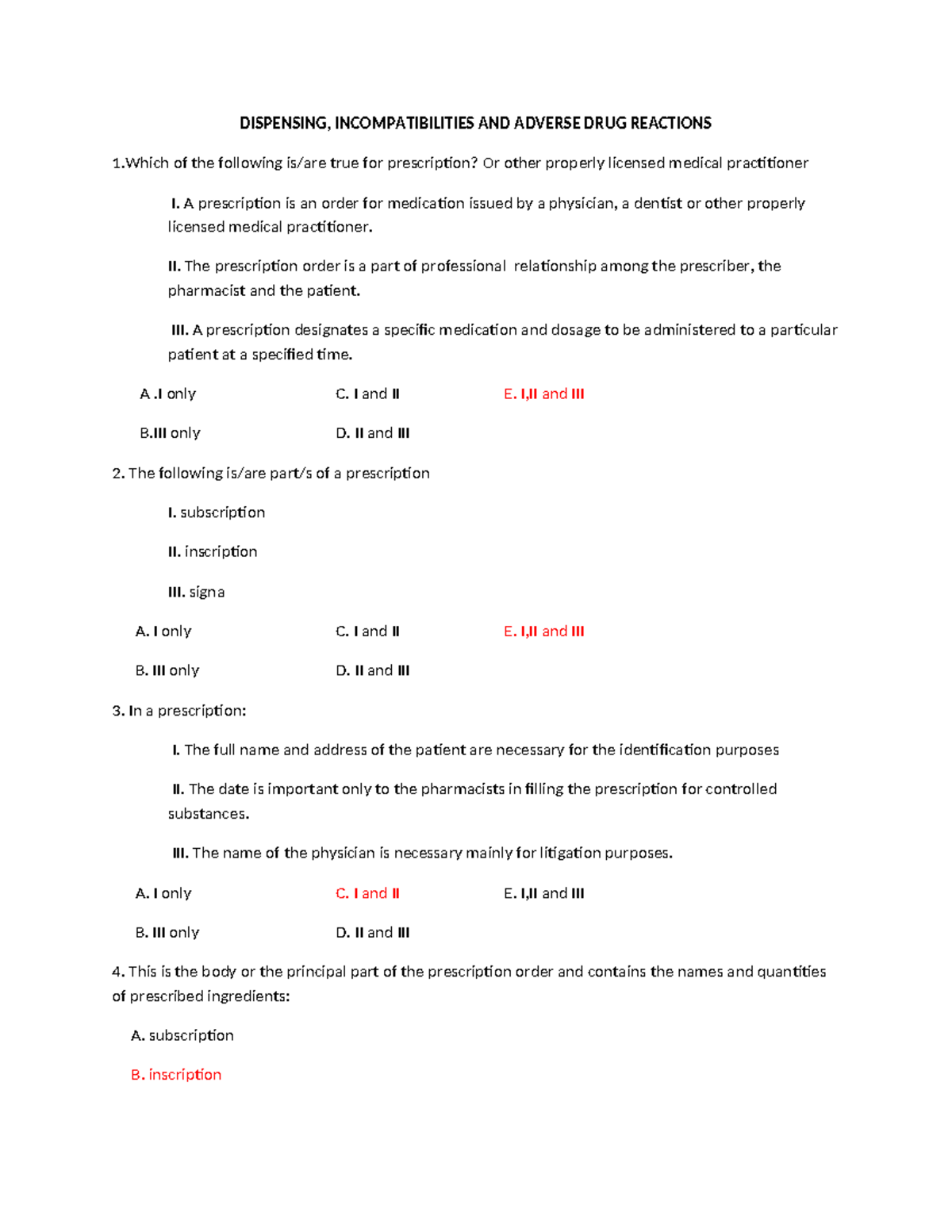 Dispensing, Incompatibilities, and Adverse Drug Reactions Answer Key ...