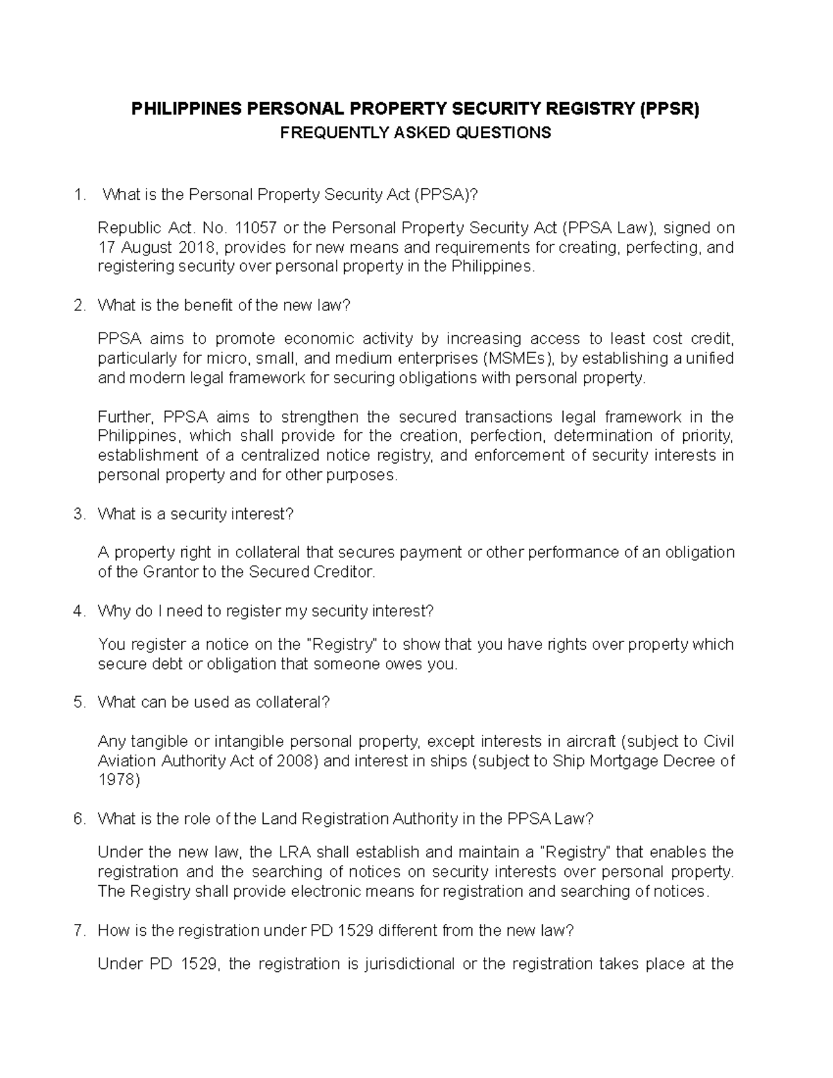 Revised FAQs on the Philippine Personal Property Security Act (PPSA ...