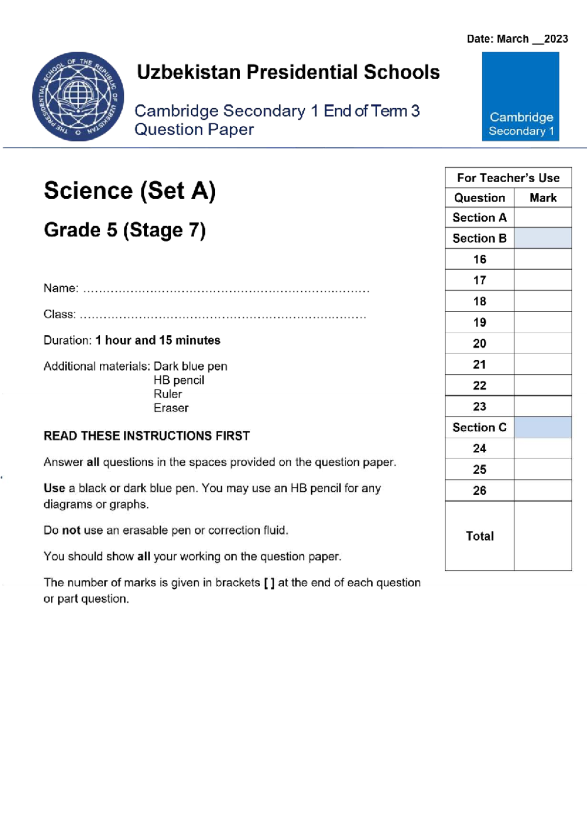 5.1 Science Quiz Paper T3 ST1: Multiple Choice & Interpretation ...