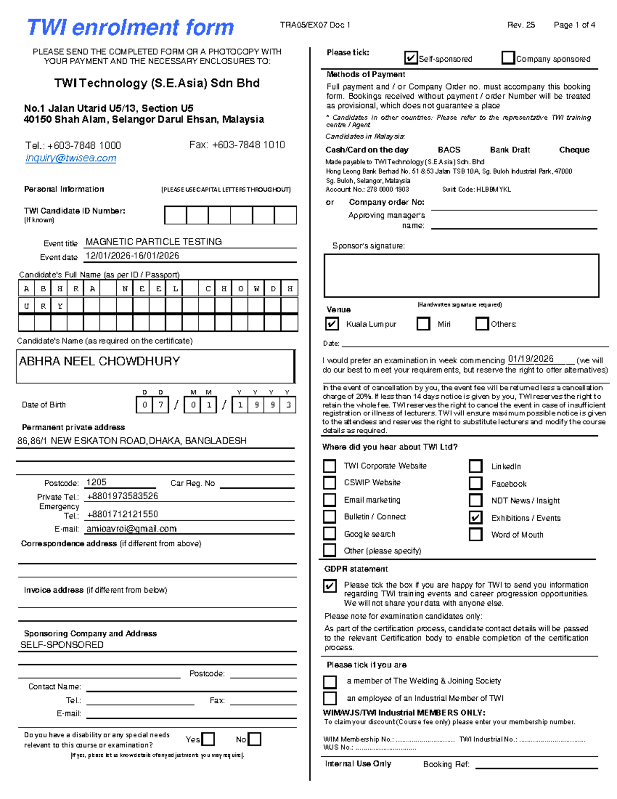 TWI Enrolment Form for Magnetic Particle Testing - Doc 1 - Studocu