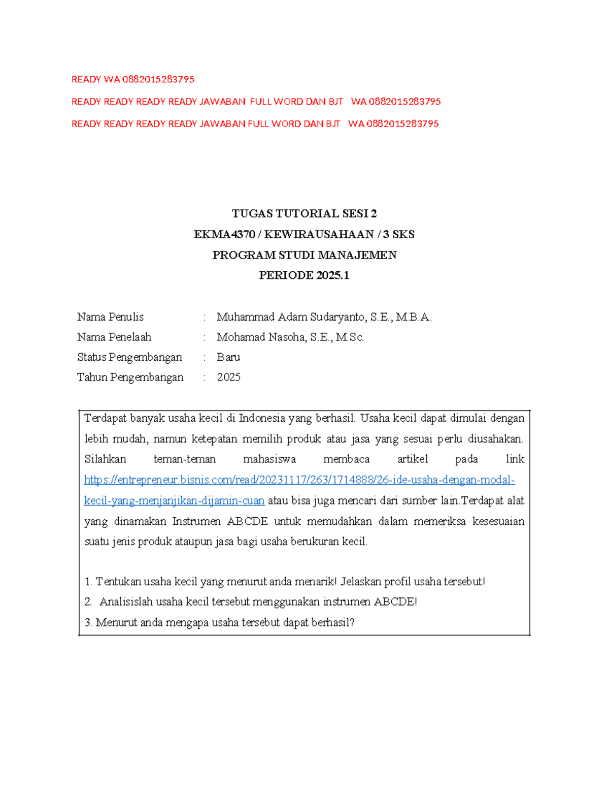 Kewirausahaan Tugas Tutorial SESI 2 EKMA4370: Analisis Usaha Kecil - Studocu