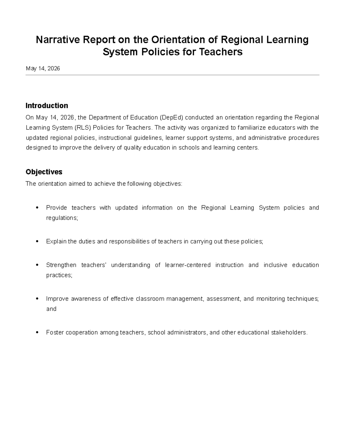 Dep Ed - Narrative Report on RLS Policies Orientation for Teachers ...