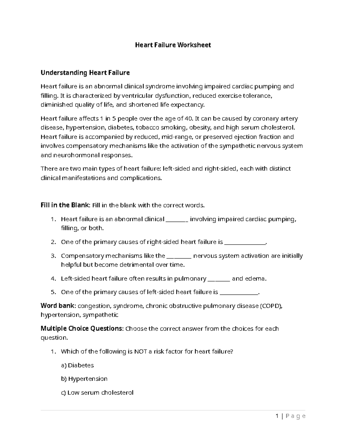 Heart Failure Worksheet: Understanding Key Concepts and Mechanisms ...