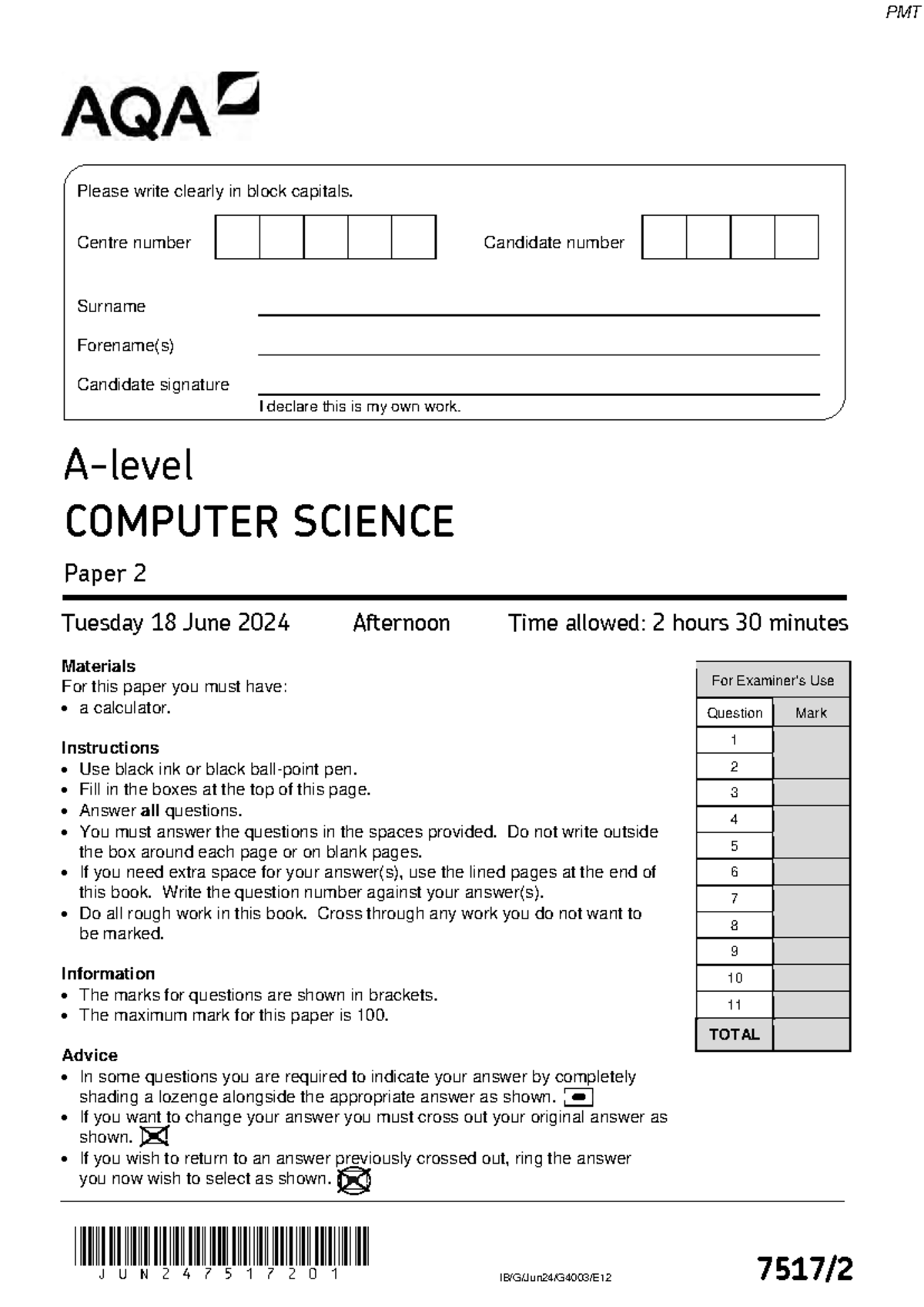 June 2024 AQA Computer Science A-level Paper 2 Question Paper - Studocu