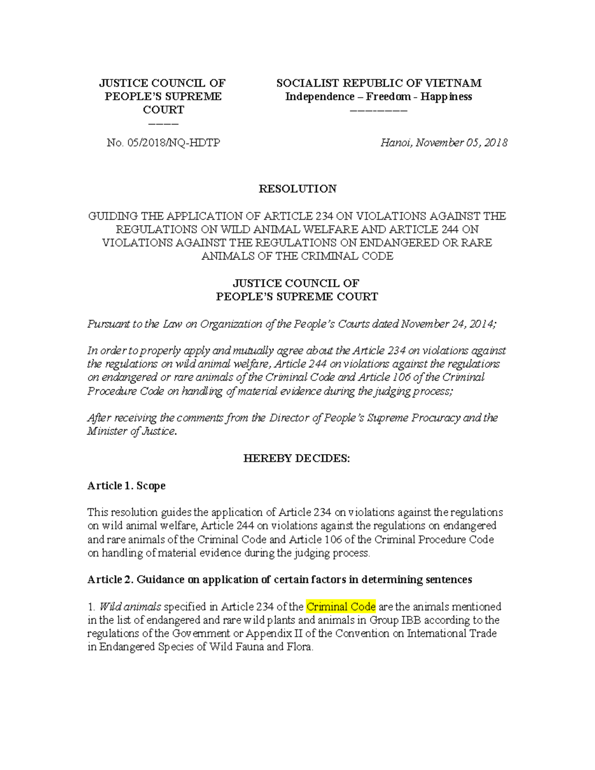 Resolution 05/2018 NQ-HDTP: Guidelines on Animal Welfare Violations ...