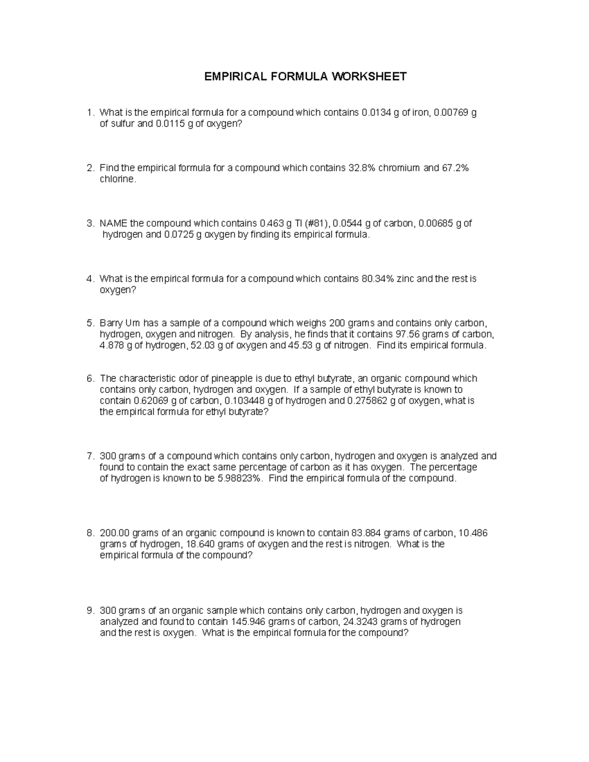 Empirical Formula Practice Worksheet (Course Code: 2.2.3) - Studocu