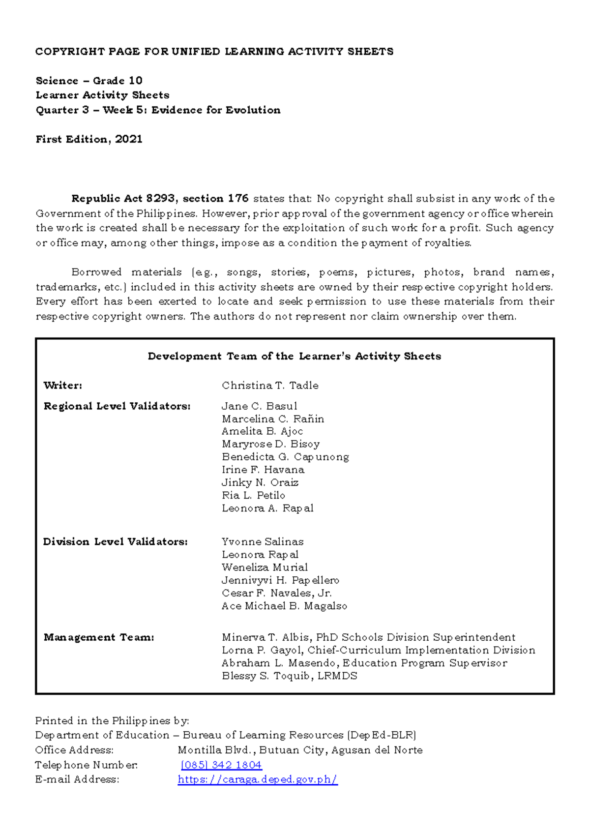S10 Q3 Week 5 - Science 10 Activity Sheets: Evidence for Evolution ...
