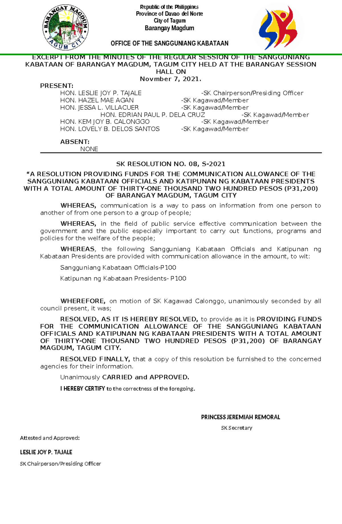 SK Resolution No. 08, S-2021: Funding for Communication Allowance - Studocu