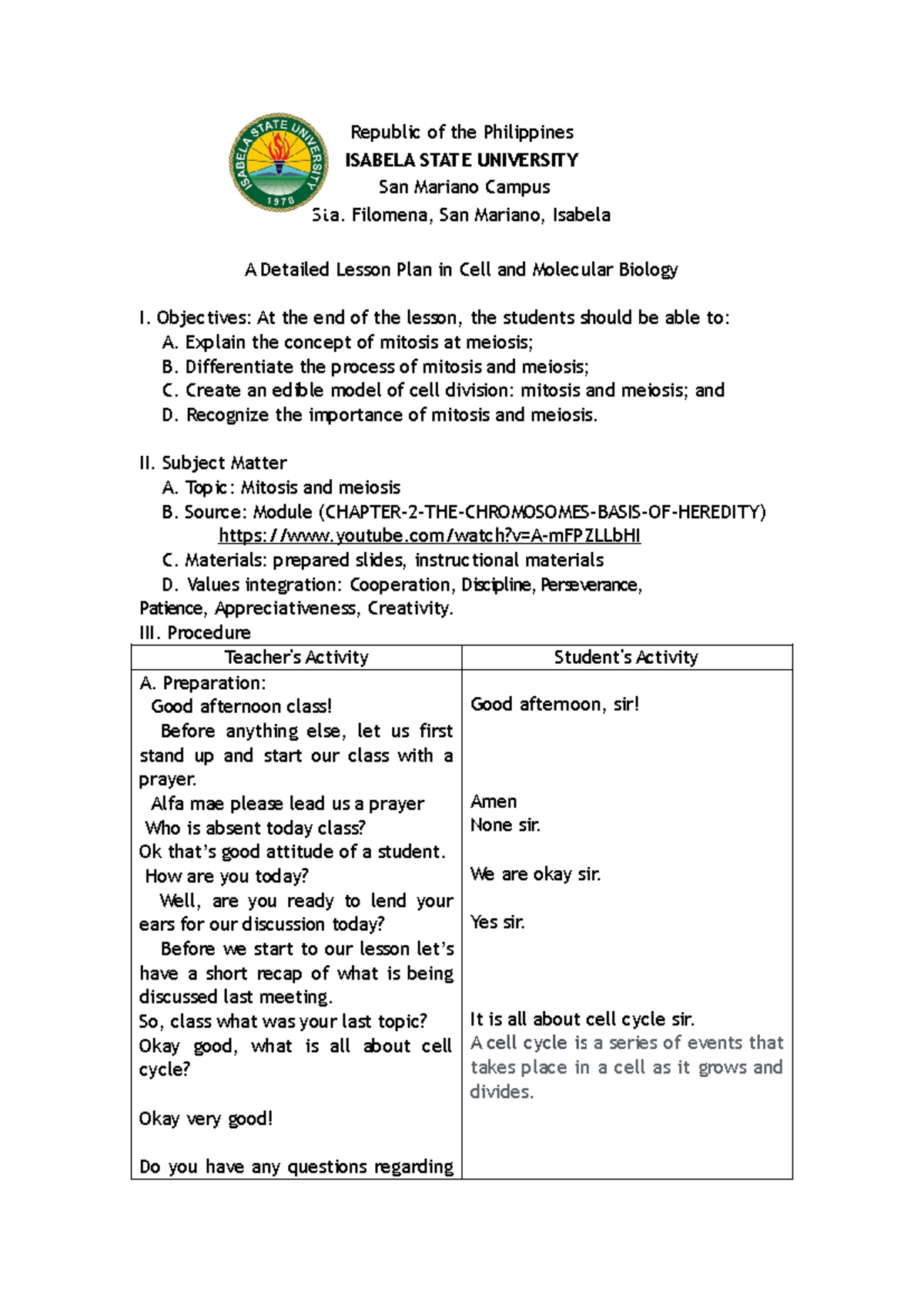 DLP - Mitosis and Meiosis: Lesson Plan for Cell Biology - Studocu