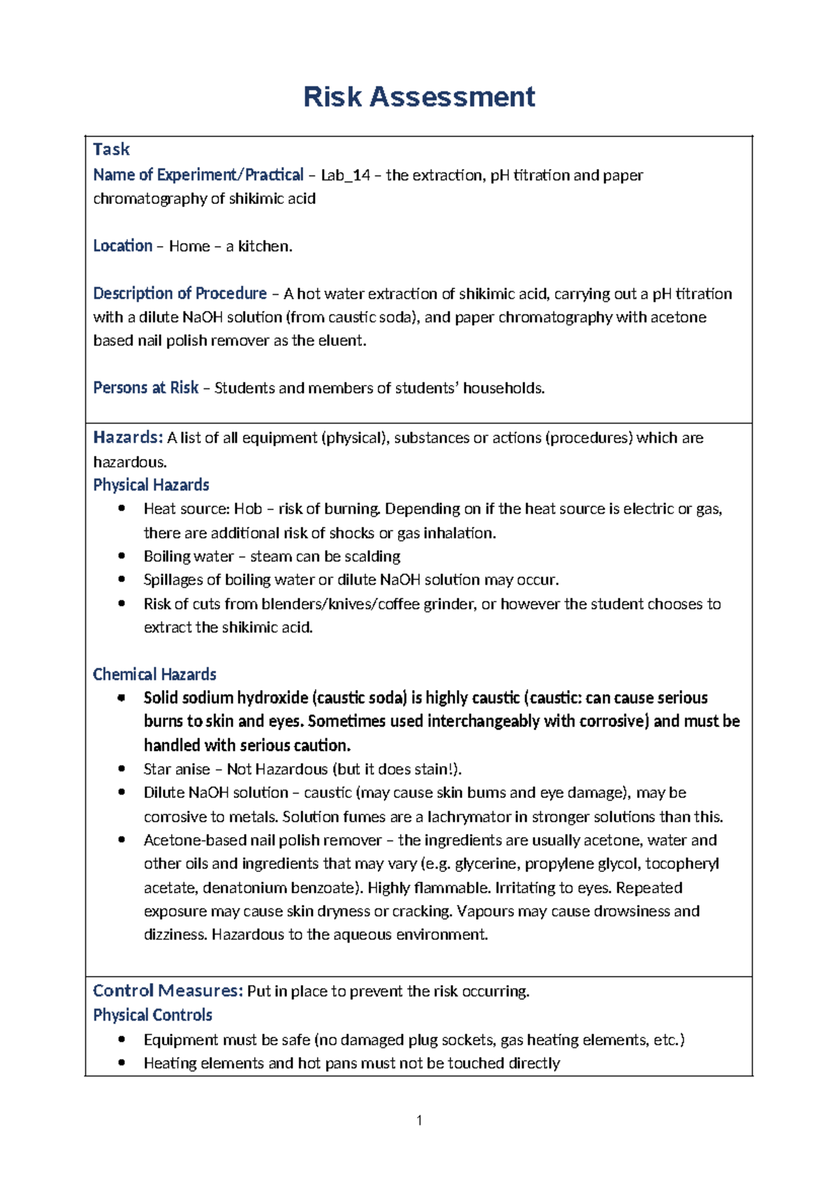 Risk Assessment Lab_14: Extraction, Titration & Chromatography of ...