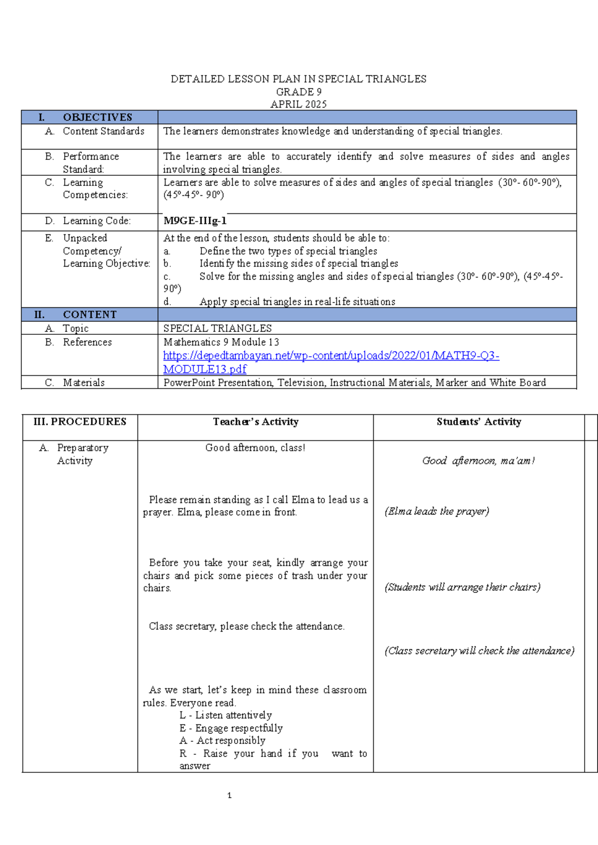 DLP: Special Triangles Lesson Plan for Grade 9 - April 2025 - Studocu