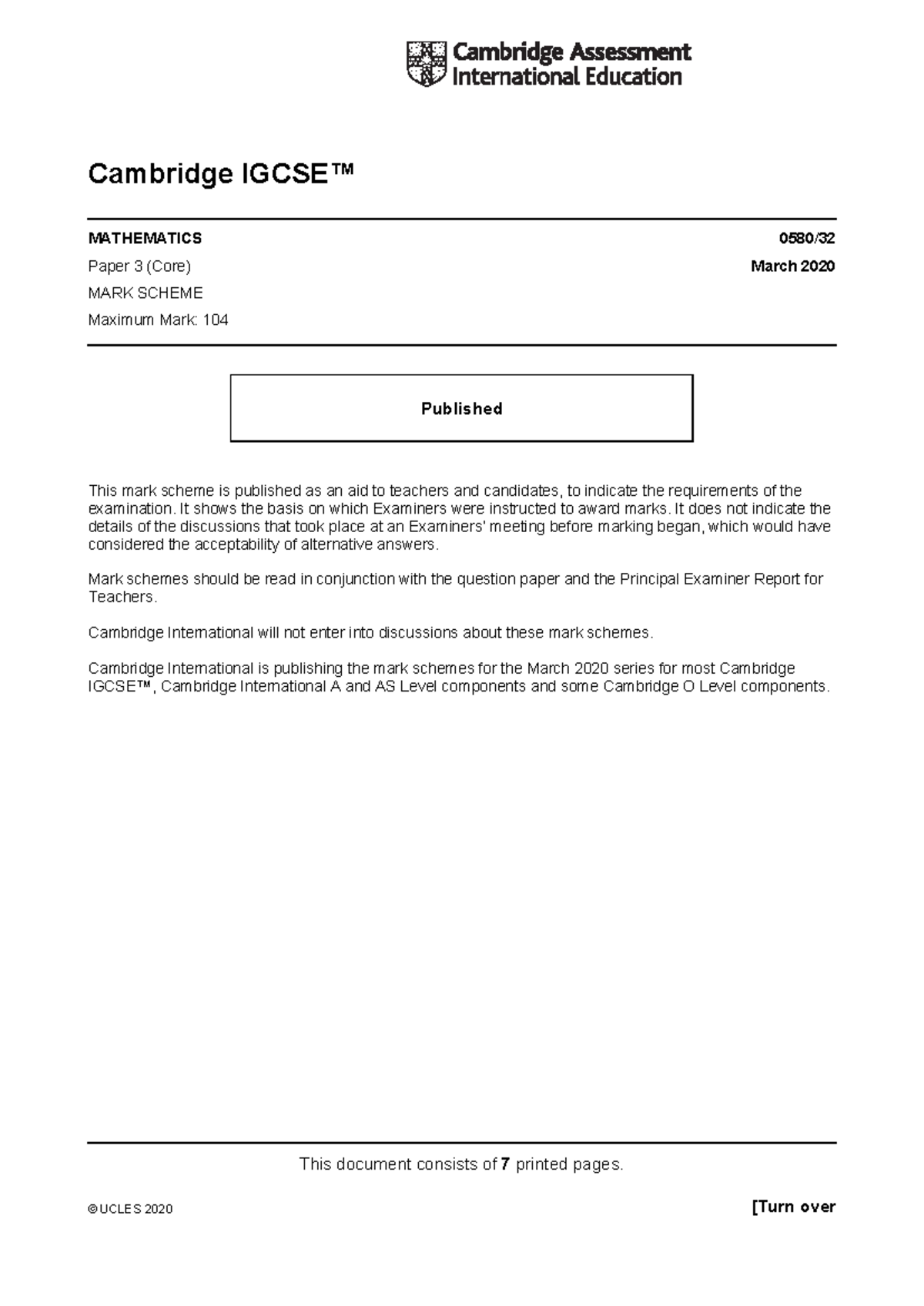 Marking Scheme for Cambridge IGCSE Mathematics 0580/03 March 2020 - Studocu