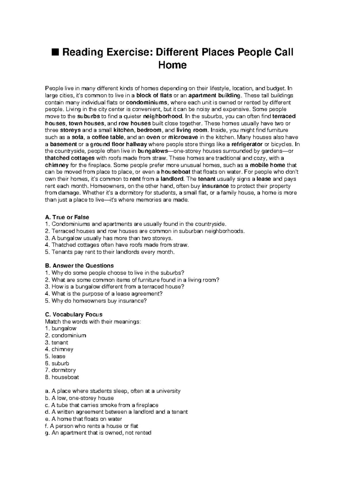 Housing Reading Exercise: Different Places People Call Home - Studocu