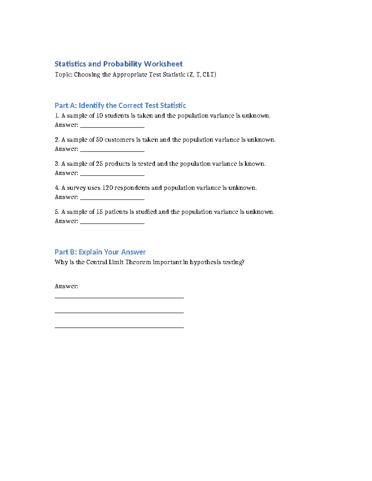 Statistics 101: Test Statistic Worksheet (Z, T, CLT) - Studocu