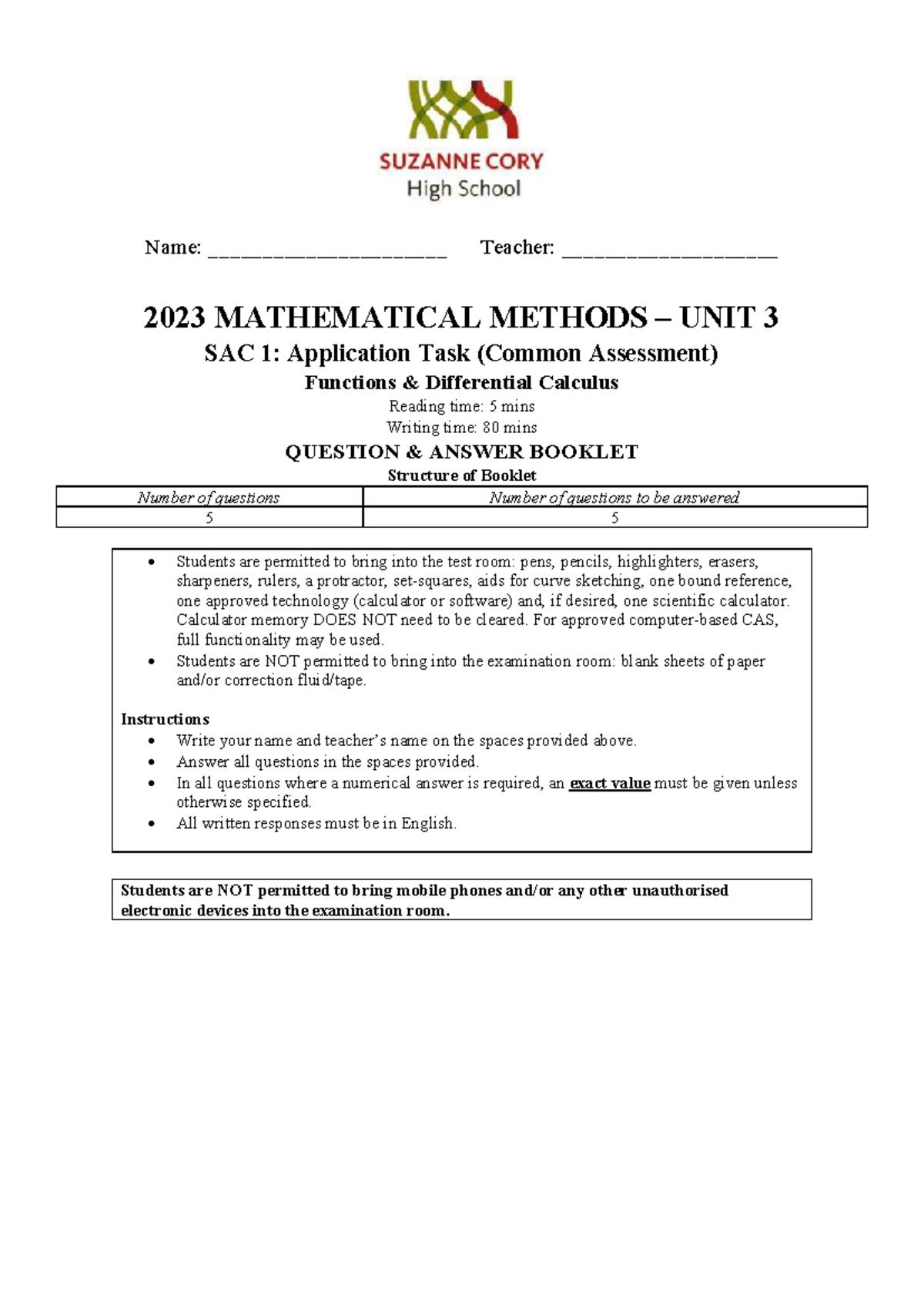 2023 MATHEMATICAL METHODS UNIT 3 SAC 1: Functions & Differential Calculus - Studocu