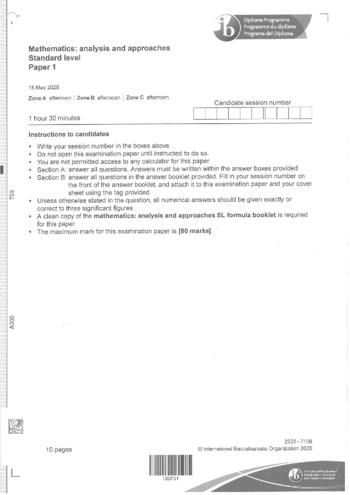 AASL P1 TZ2 - Official IB Math AA SL Paper 1 Exam May 2025 - Studocu