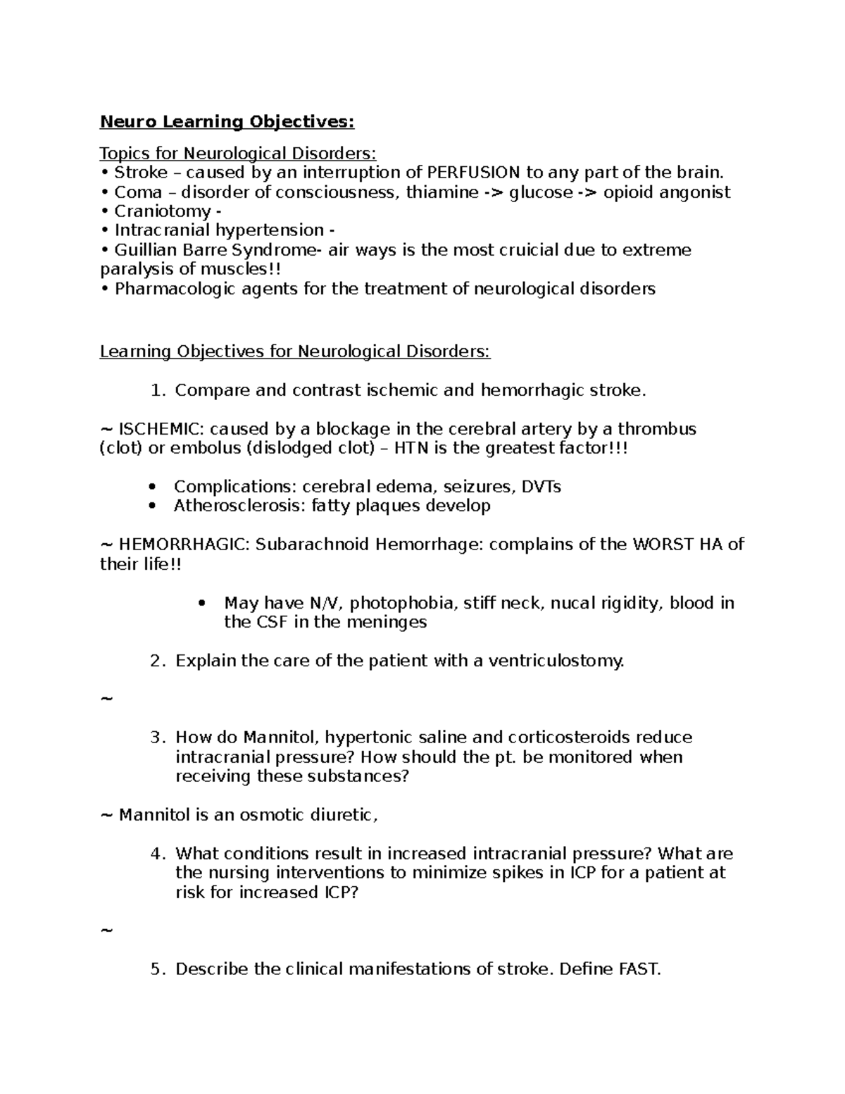 Neurological Disorders Learning Objectives - NUR 302 Exam Prep - Studocu