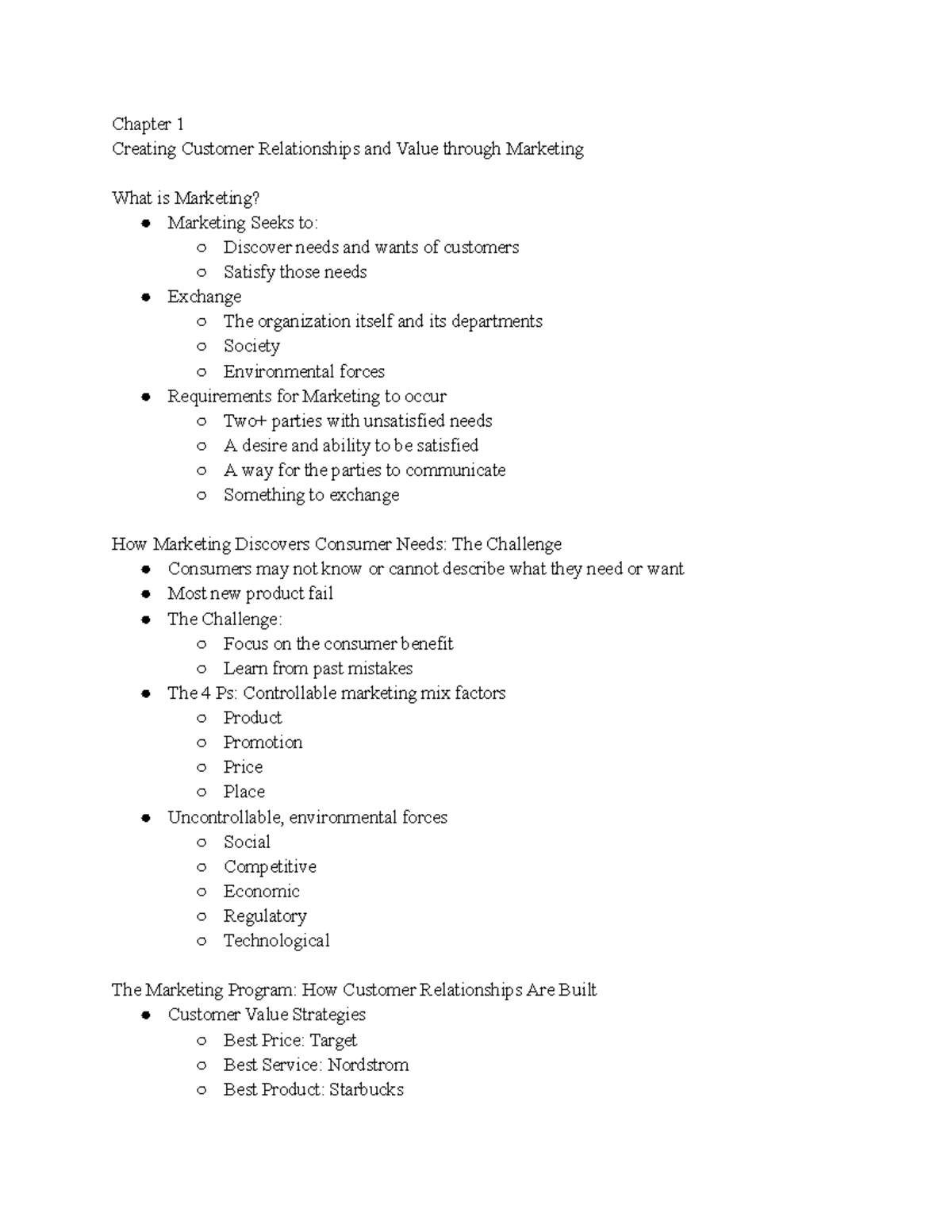 Marketing Chapter 1: Building Customer Relationships and Value - Studocu