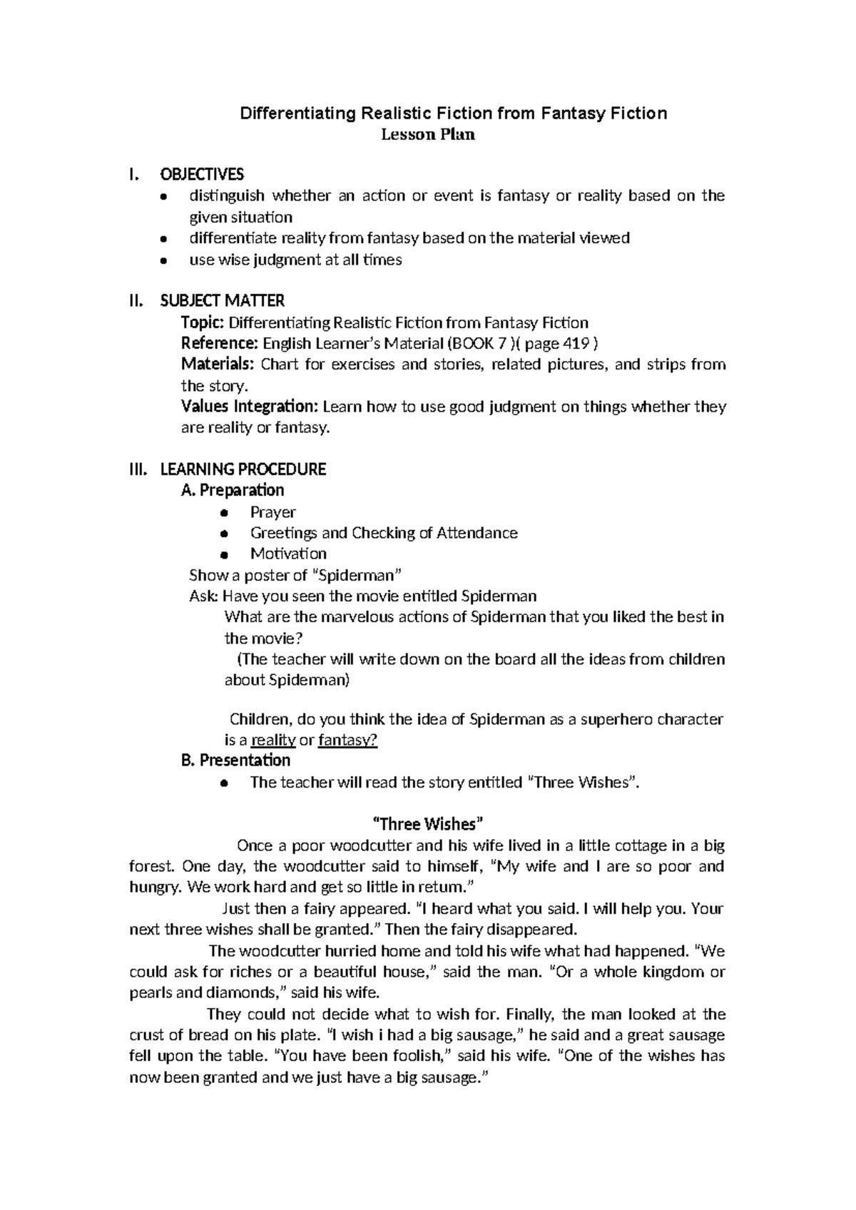 Differentiating Realistic and Fantasy Fiction: Lesson Plan Overview ...