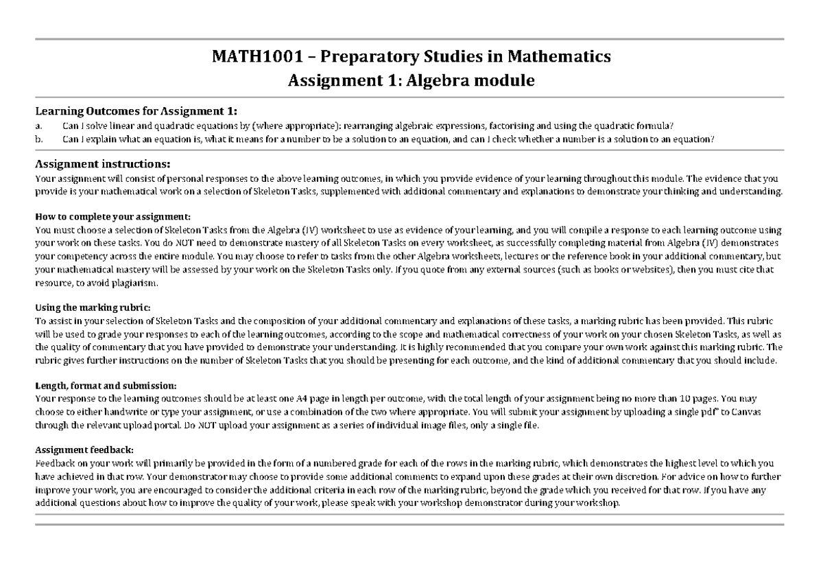 Math1001 Assignment 1 Algebra Module Learning Outcomes Instructions