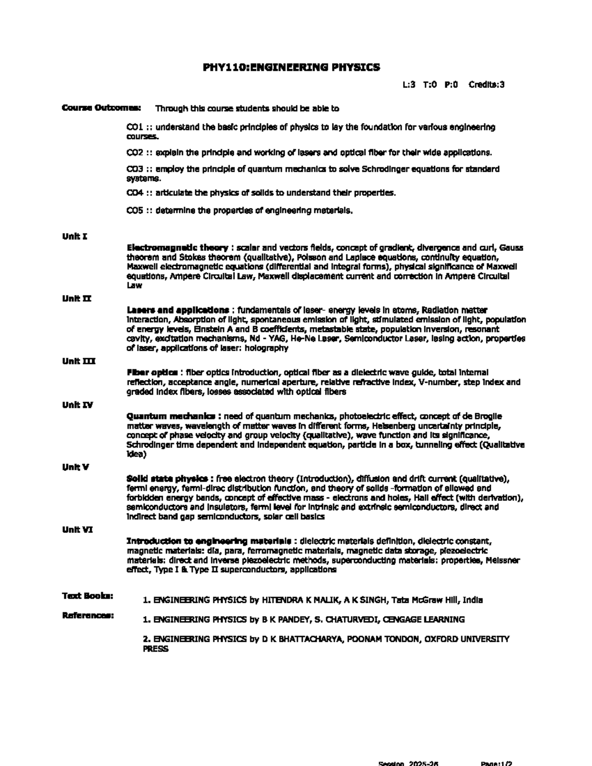 PHY110: Engineering Physics Syllabus Overview and Course Outcomes - Studocu