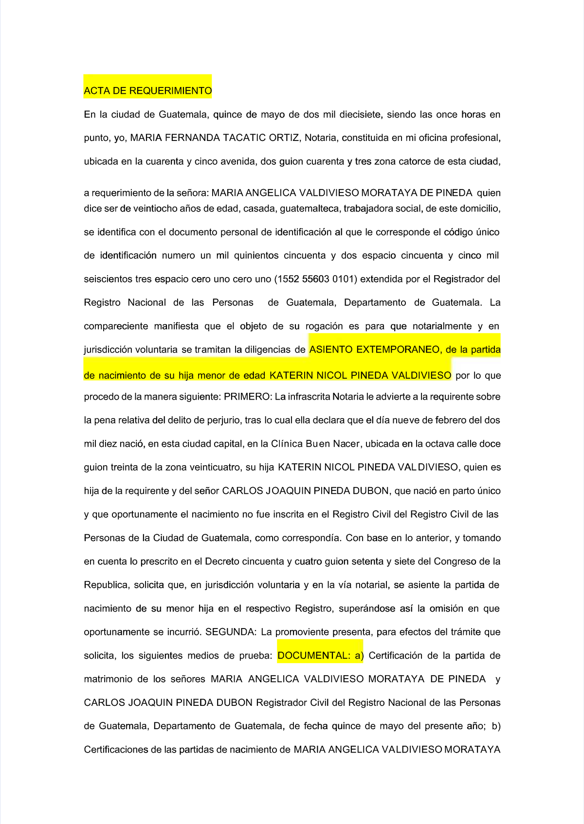 Asiento Extemporáneo de Partida de Nacimiento de Katerin Nicol Pineda ...