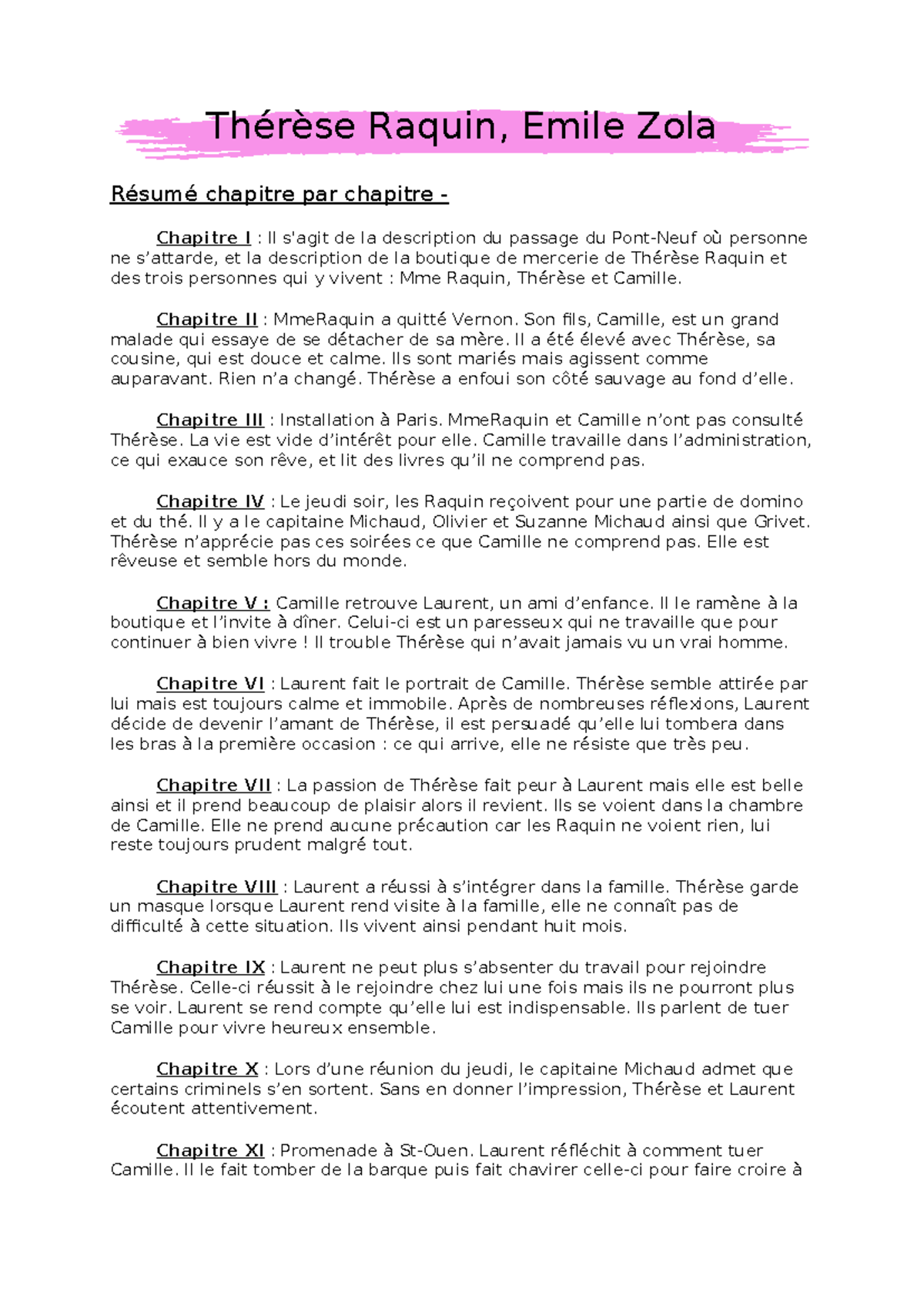 Résumé détaillé de "Thérèse Raquin" - Chapitres et personnages - Studocu