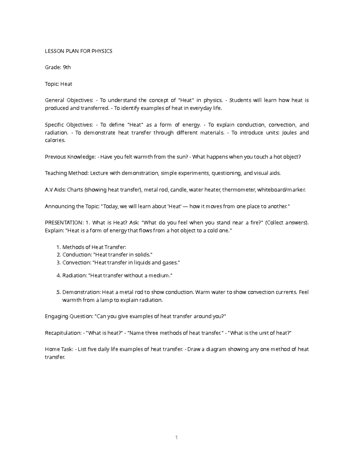 PHYS 9: Heat Transfer Lesson Plan for 9th Grade Physics - Studocu