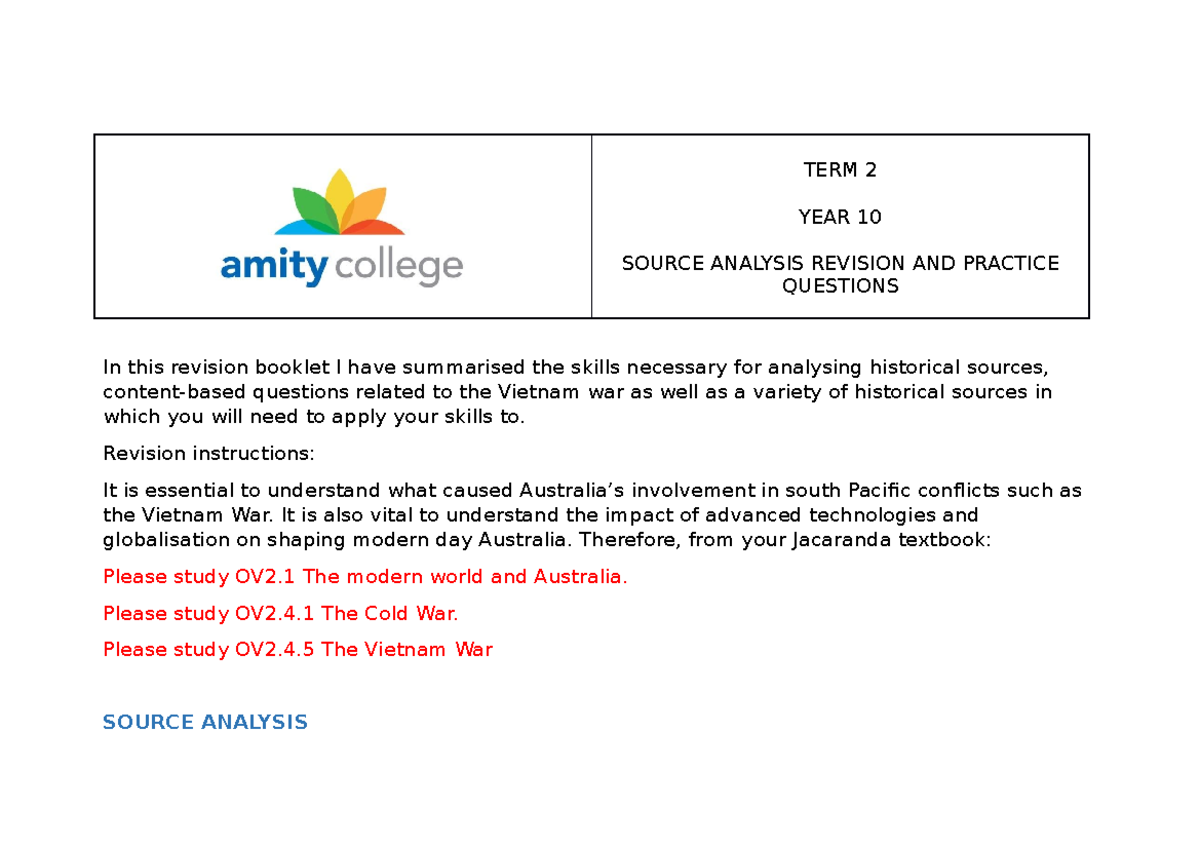 2022 - TERM 2 Vietnam WAR Revision - TERM 2 YEAR 10 SOURCE ANALYSIS ...