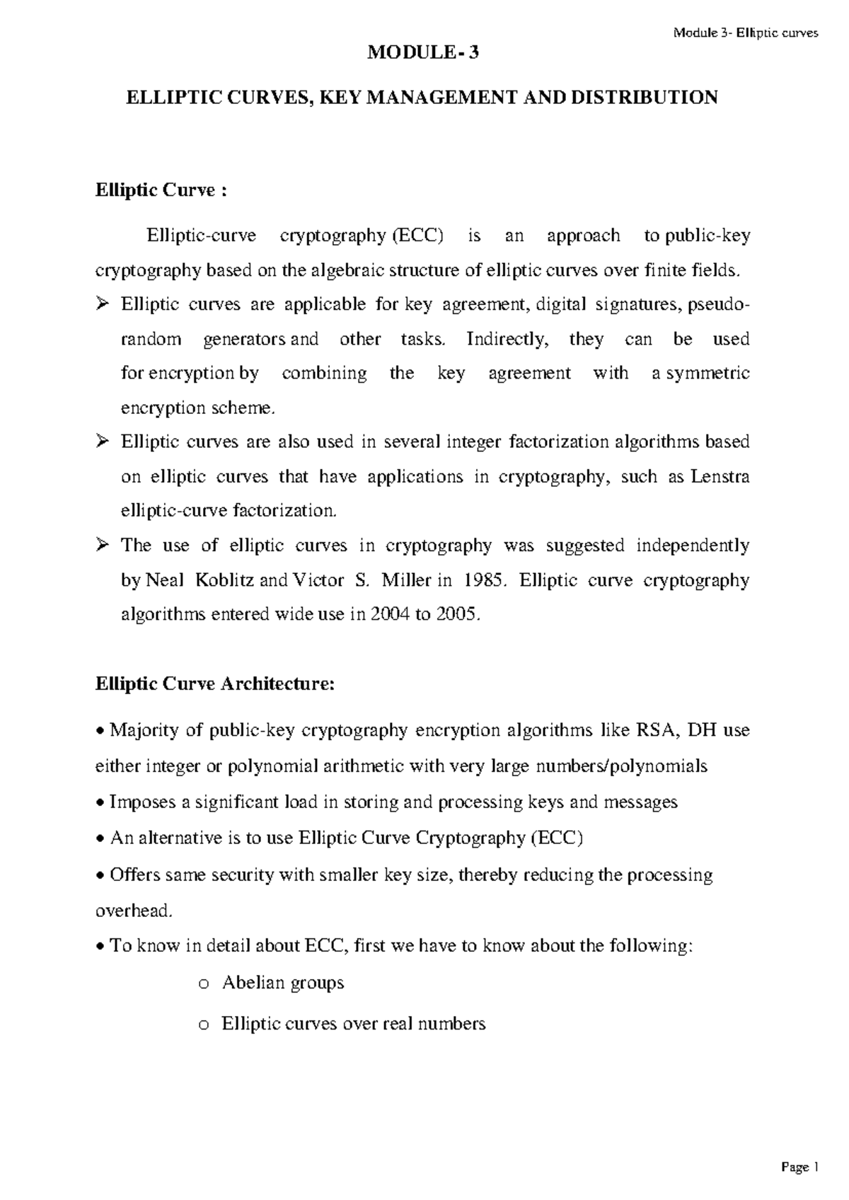 Module 3: Elliptic Curves & Key Management - 18CS744 Notes - Studocu