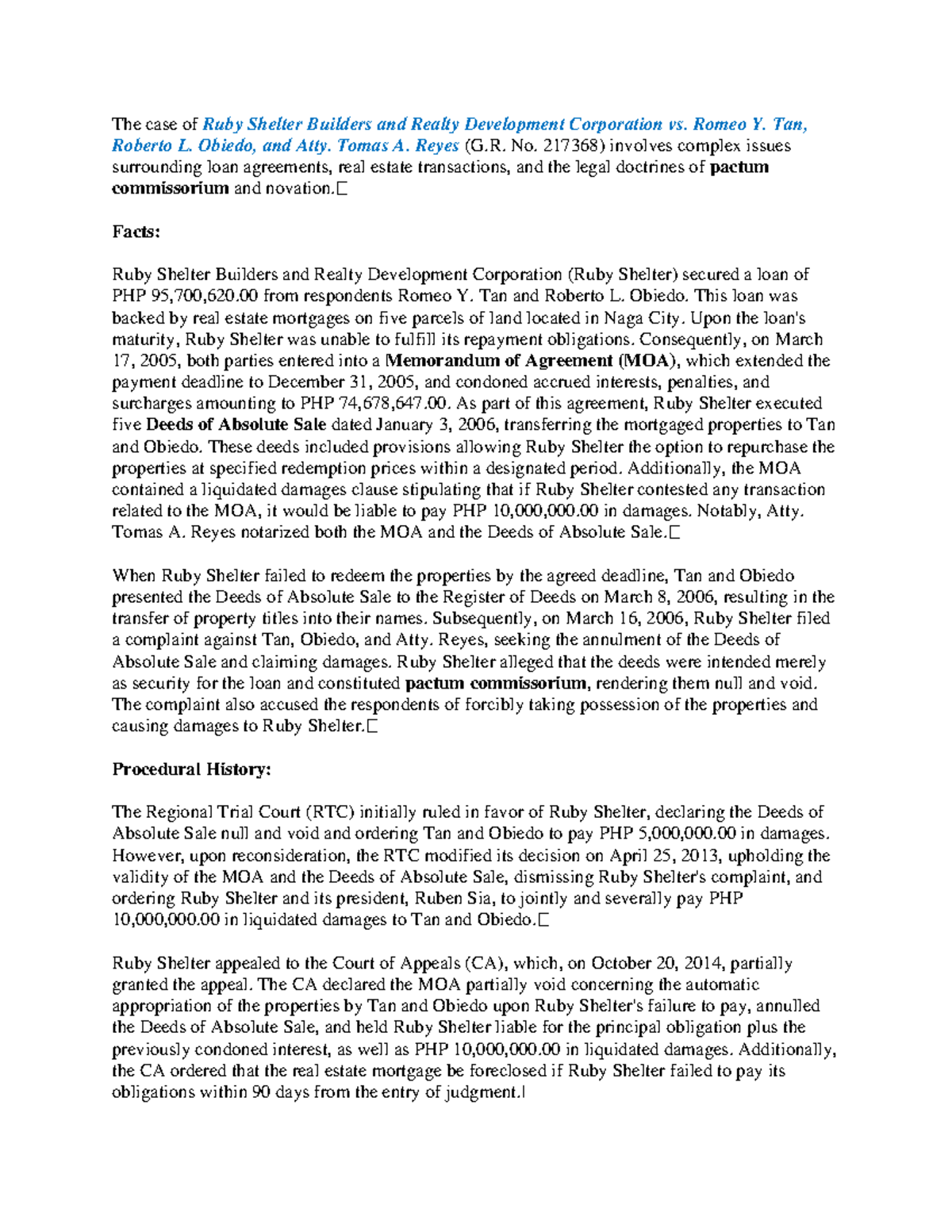 CIV REV CASE Digest: Ruby Shelter Builders v. Tan & Obiedo Analysis - Studocu