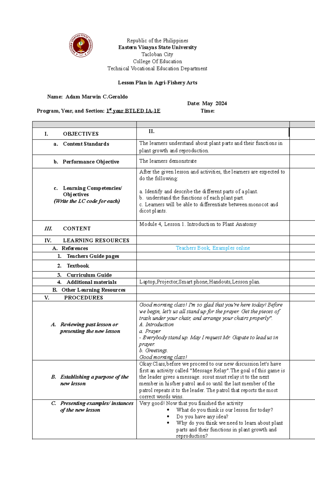Lesson Plan in Agri-Fishery Arts (1st Year BTLED IA-1E) - Studocu