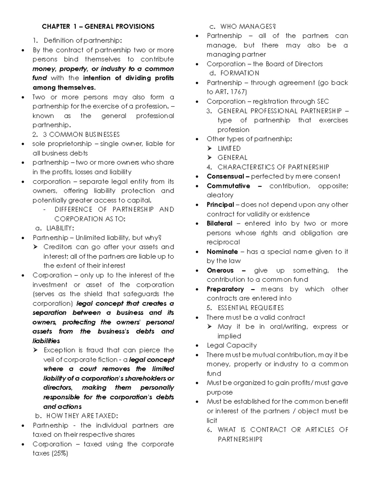 Partnership Notes (Course Code: LAW101) - Chapter 1: General Provisions ...